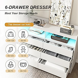 CIPACHO White Dresser for Bedroom,Modern 6 Drawer Dresser with LED Light and Open Shelf,Wide Storage Chest of Drawers,Bedroom Storage Furniture