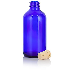 JUVITUS (4 Pack) 8 oz Cobalt Blue Boston Round Thick Plated Glass Bottle with Cork Stopper