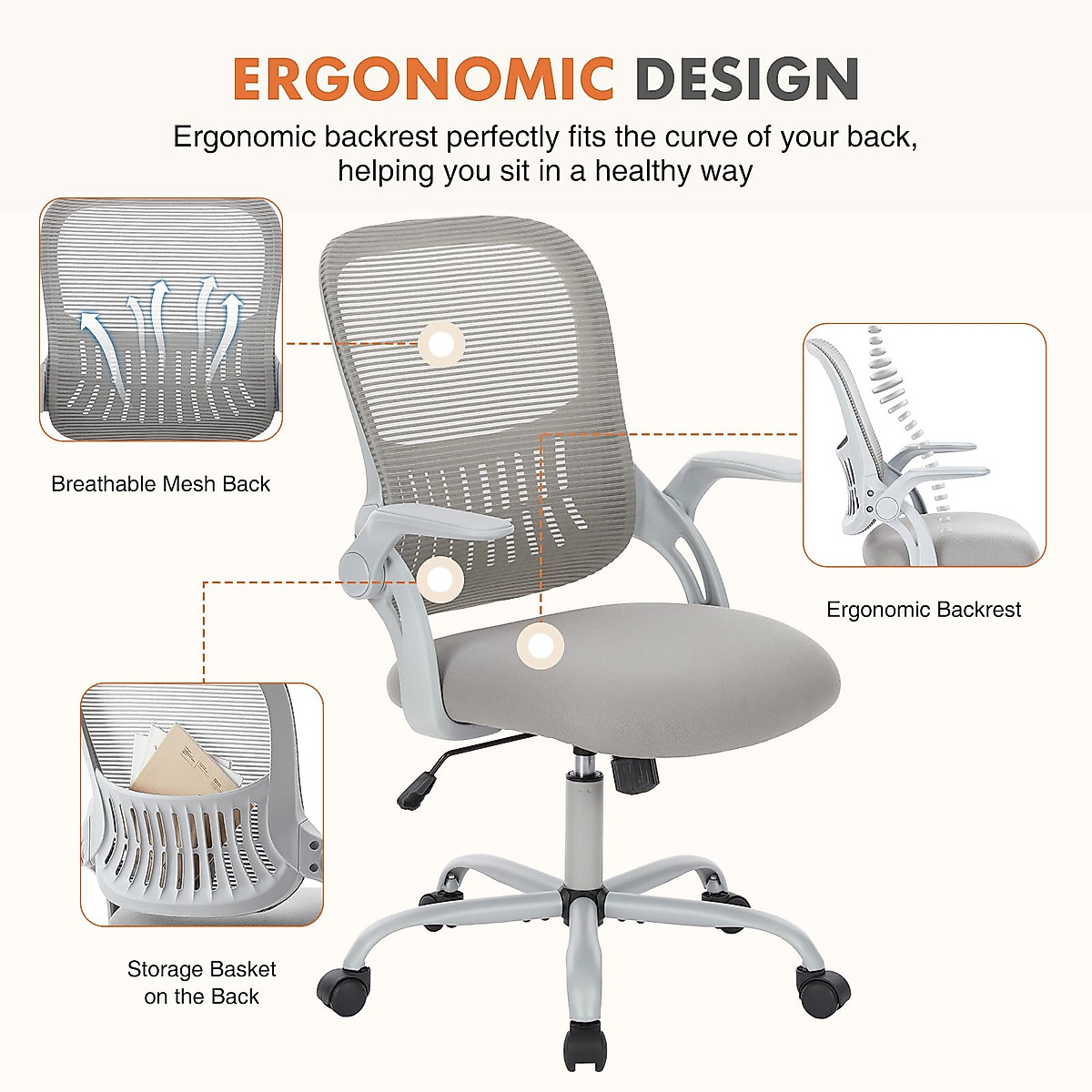 Office Chair, Desk Chair, Ergonomic Home Office Desk Chairs, Computer Chair with Comfortable Armrests, Mesh Desk Chairs with Wheels, Office Desk Chair, Mid-Back Task Chair with Lumbar Support