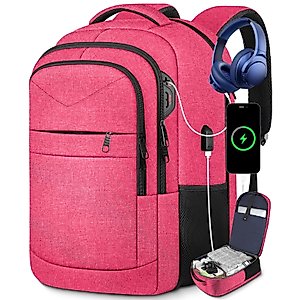 Lapsouno Extra Large Backpack, Carry on Backpack, 17.3 Inch Travel Laptop Backpack, Water Resistant Casual Hiking Daypack, Computer Bag with USB Port, College School Business Backpack for Women, Pink