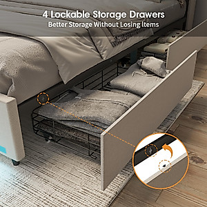 Full Size Bed Frame with Storage Headboard and 4 Drawers, Platform Bed Frame with Charging Station & RGB Lights, Noise-Free, Heavy Duty Wood Slats, No Box Spring Needed, Noise-Free