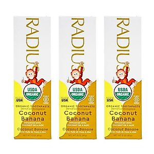 RADIUS USDA Organic Kids Toothpaste 3oz Non Toxic Chemical-Free Gluten-Free Designed to Improve Gum Health for Children's 6 Months and Up - Coconut Banana - Pack of 3