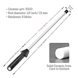 Sharpeak Total L.17.5-Inch/Rod L.12-Inch 3000-Grit Ceramic Sharpening Steel with Built-In Angle Guides and Anti-Breaking Cap, Sharpening Rod, Knife Steel, Ceramic Honing rod, Chaira Afilador Cuchillos