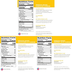 Nutristore Freeze-Dried Cheese Sample Variety 3-Pack | Cheddar, Mozzarella, & Pepper Jack | Perfect for Snacking, Backpacking, & Home Meals | Bulk Emergency Survival Food Storage | 25 Year Shelf-Life