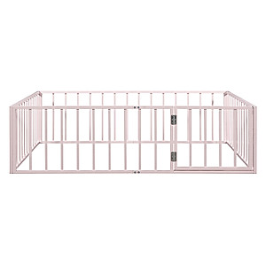 Merax Full Size Metal Floor Bed Frame with Safety Guardrails Fence and Door for Boys,Girls,Teens,Pink