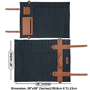 Chef knife roll bag large | stores 10 knives, 3 kitchen utensils Plus leather zipper pouch size open: 28" x 20" | waxed canvas knife carrier | easily carried shoulder strap professional chefs