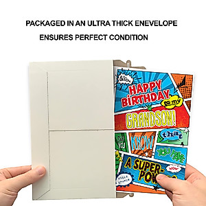 Prime Greetings Birthday Card For Grandson, Made in America, Eco-Friendly, Thick Card Stock with Premium Envelope 5in x 7.75in, Packaged in Protective Mailer (Superhero)