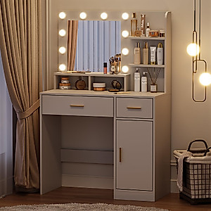 OTDMEL Makeup Vanity Desk, Vanity Table with Mirror & Lights, 35" W Vanity Set with 2 Drawers & Shelves Cabinet,3 Color Modes & Adjustable Brightness Dressing Table for Bedroom, White