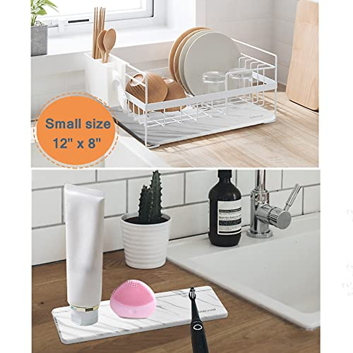 Dish Drying Mats for Kitchen Counter, Diatomaceous Earth Mat, 12”x8” & 9”x3” Small Size Hard White Water-Absorbent Heat-Resistant Non-Slip Diatomite Mat, Draining Mat for Drying Rack (Marble)