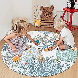 Round Area Rug 4ft Nautical Coastal Ocean Coral Rug Soft Sofa Nursery Carpet Floor Mat Non Slip Area Rugs for Indoors/Outdoor Living Room Bedroom Dining Room Home Decor Beach Themed Blue Teal Rug