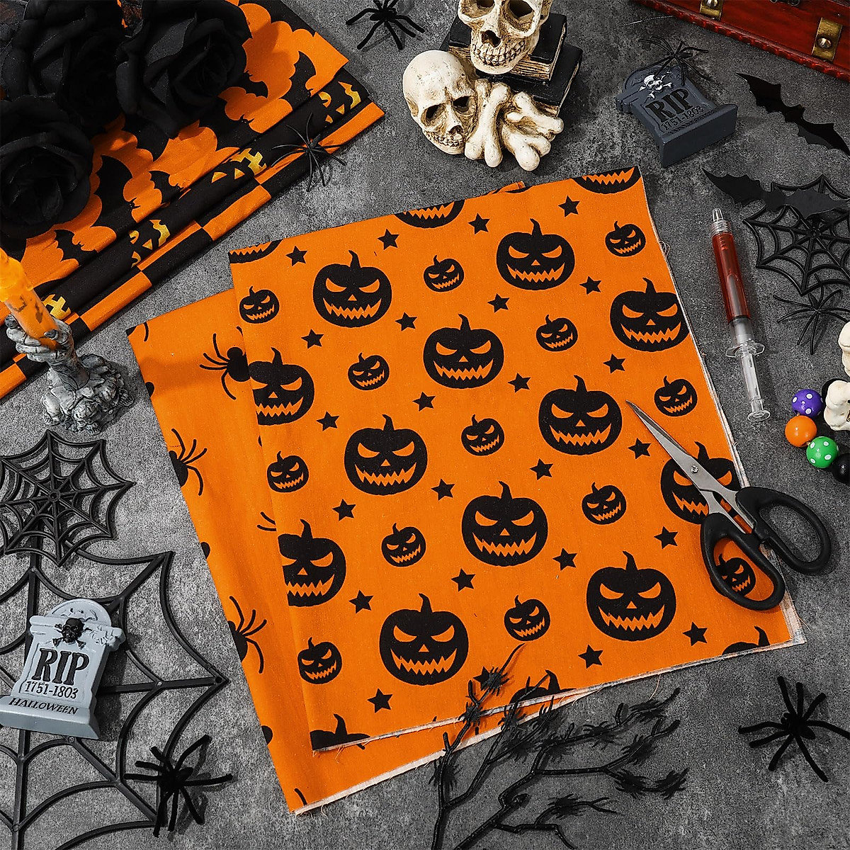 Whaline 12Pcs Halloween Cotton Fabric Bundles 18 x 22 Inch Spider Pumpkin Bat Plaid Stripe Dot Fat Quarters Orange Black Halloween Quilting Patchwork Squares Sewing Fabrics for DIY Craft Party Decor