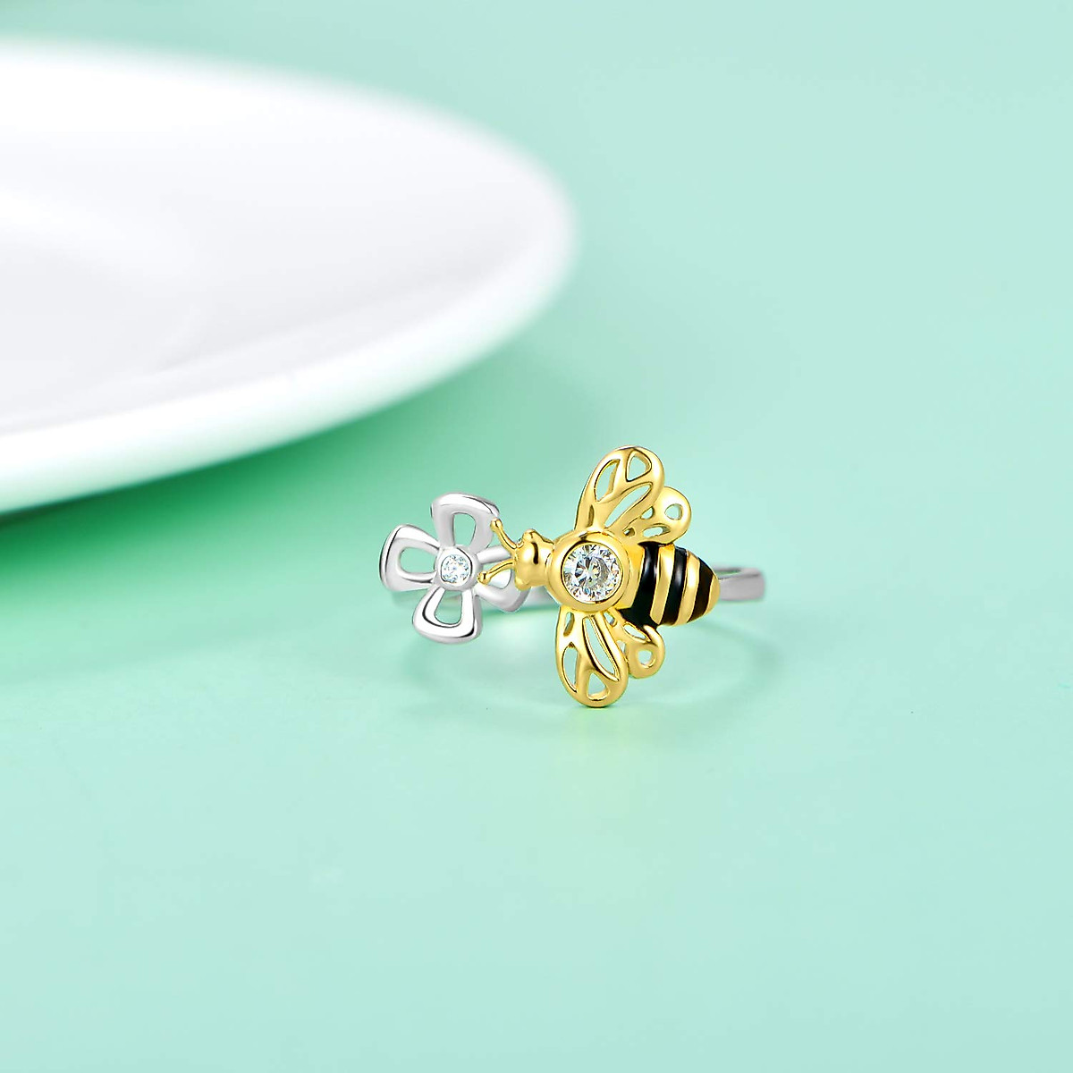 LONAGO Bee Ring with Flower 5A Cubic Zirconia Yellow Gold 925 Sterling Silver Bee Stacking Ring for Women (Size 7)