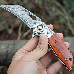 Tusonac Hunting Folding Knife with Leather Sheath, Protable Pocket Knife for Men, Handmade Forged VG10 Damascus Steel Knife with Engraved Steel Bolster, For Camping, Hiking and Daily