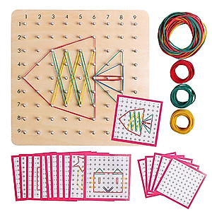 Skrtuan Wooden Geoboard with Rubber Bands, Montessori Educational Toy for Kids, Pattern Block Geo Board with Pattern Cards and Rubber Bands Create to Figures Shape STEM Puzzle Matrix Brain Teaser