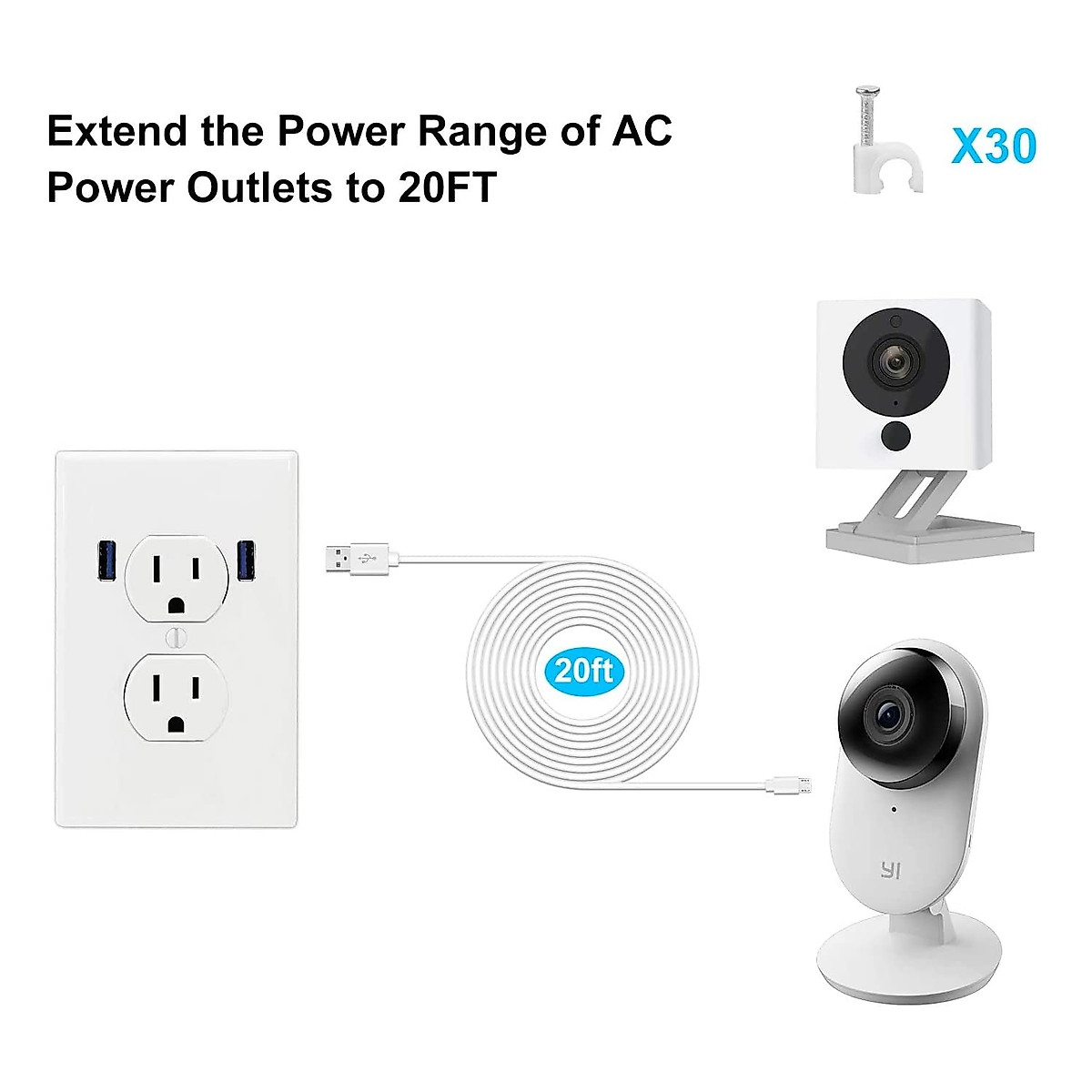 Onite 2-Pack Extended Reach Charging Cables (20FT) for Wyze Cam, Blink Mini, KasaCam, SimpliSafe, Eufy, YI - Security Camera Power Cord (Not for Wyze Pan v3)