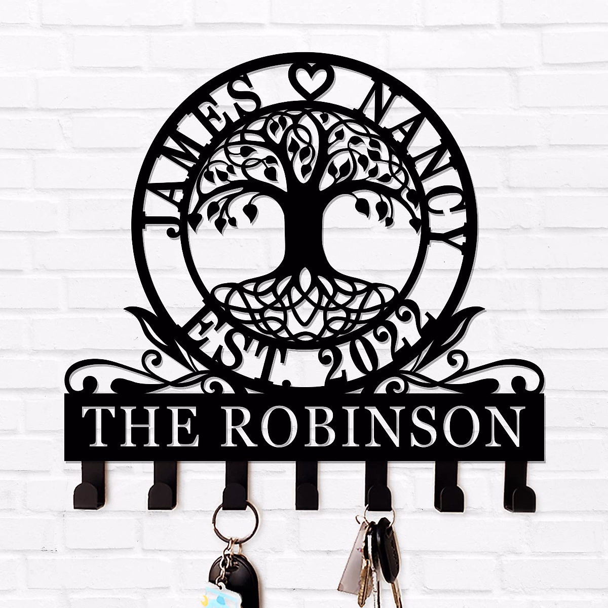 efcustomgifts Personalized Metal Key Holder, Tree of Life Design, 10 Hooks, Heavy Duty, Rust Resistant, Wall Mount, Front Door, Housewarming Gift