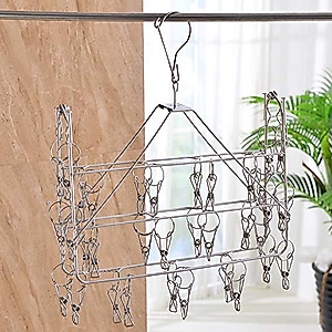 Fayleeko Clothes Drying Rack with 34 Clips, Folding Stainless Steel Drying Hanger, Baby Hangers,Clothes Hangers for Drying Socks,Drying Towels, Diapers, Bras, Baby Clothes,Underwear