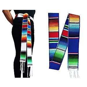 Yani's Gifts Serape Belts Blue and White 2 Pack Cinto Mexicano for Women or Men, Mexican Sash Belts