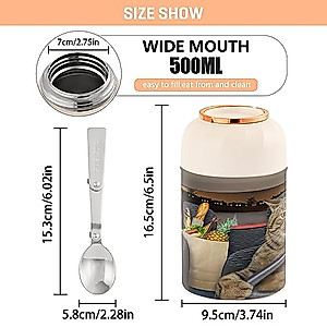 CUPADA Beige Cat Food Jar, Funny Insulated Hot Food Jars Vacuum 17OZ with Folding Spoon for Work Trip Picnic Camping