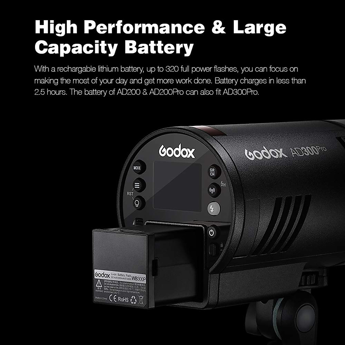 Godox AD300 Pro Outdoor Flash Strobe, 300Ws 2.4G TTL Flash Monolight, 1/8000 HSS, 2600mAh Lithium Battery, 12W Bi-Color LED Modeling Light for Wedding Portrait Studio Photography