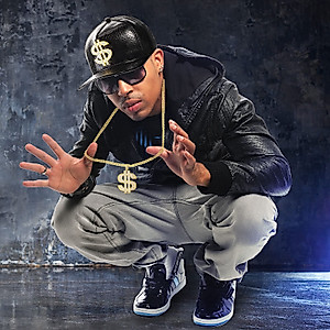 Zhanmai 6pcs 80s 90s Hip Hop Costume Outfit for Men Money Hat Rapper Accessories Fake Gold Dollar Chain Necklace Ring(Gold, Black, White)