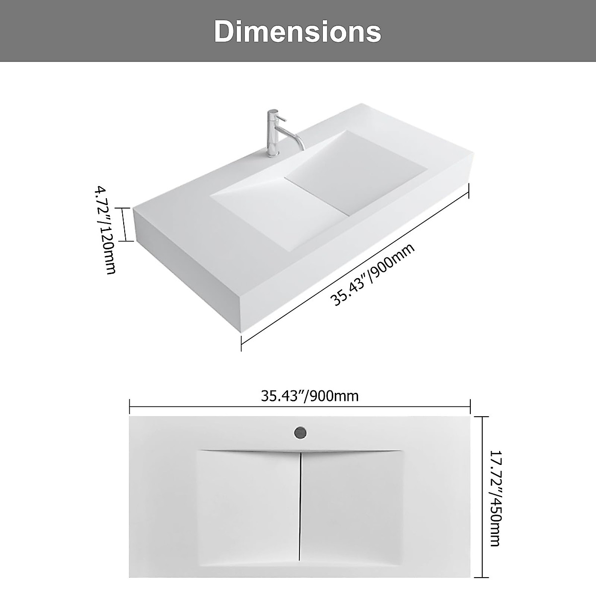 Weibath 35'' Vessel Sink Wall-Mount Bathroom Sink V-Shaped Floating Sink Stone Resin in Matte White