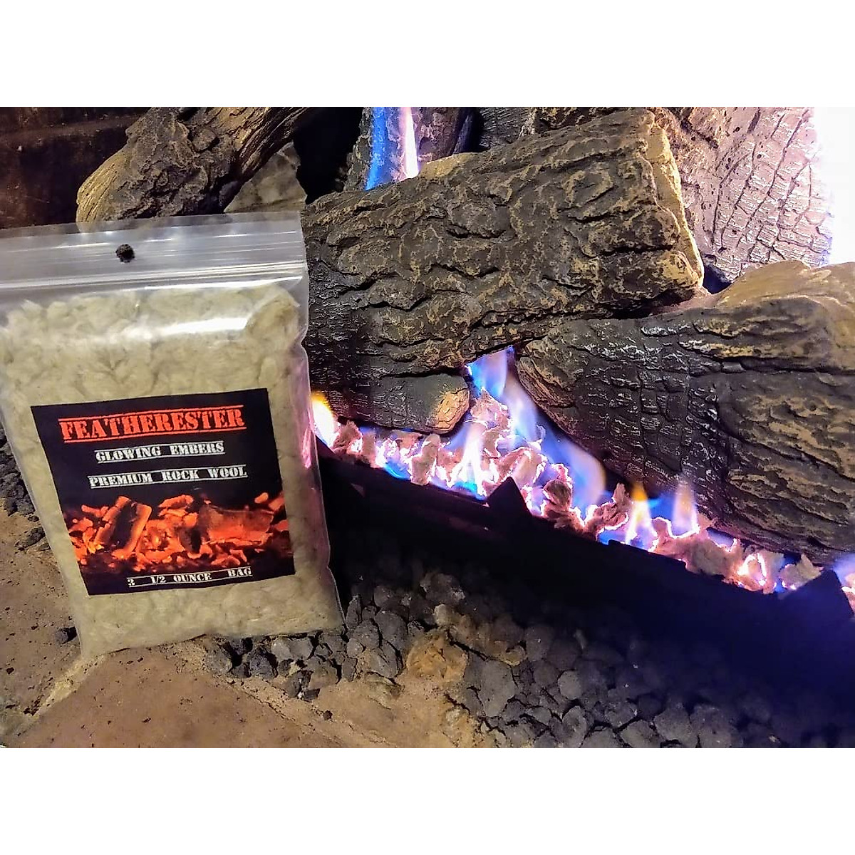 Gas Fireplace Logs ~ Glowing Ember's ~ Premium Rock Wool ~ 3 1/2 Ounces ~ Convenient Storage Hanging Hole ~ Vented Natural Gas Or Liquid Propane Fuels Friendly