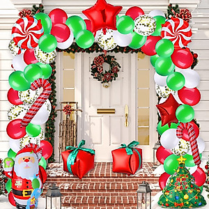 Christmas Balloon Garland Arch Kit, 144 Piece Set with Red and White Candy Balloons, Gift Box Balloons, and Red Star Balloons for Xmas Party Decorations