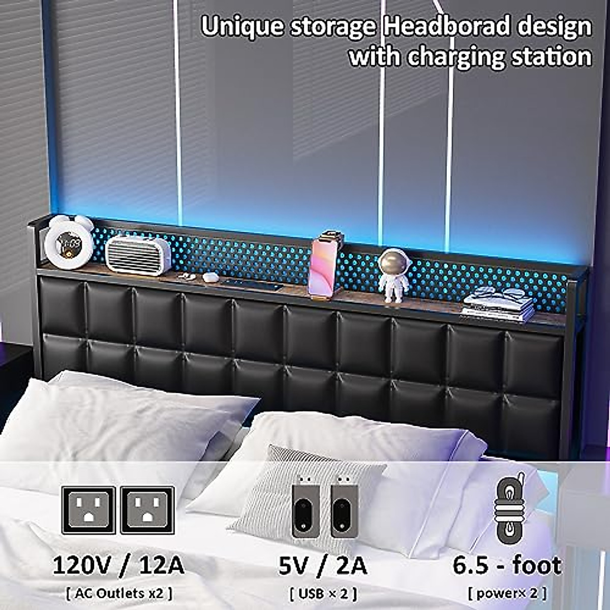 Halitaa Full Size Bed Frame with Headboard and Led Lights,Upholstered Bed Frames with Charging Station,Platform Metal Bed with Storage Shelves,No Box Spring Needed,Easy Assembly