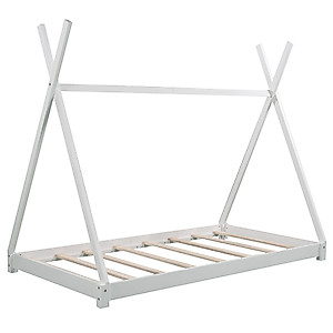 Solid Wood Twin Size Canopy Platform Bed with Triangle Structure, Twin Floor Bed Frame for Boys, Girls, Teens, Mattress Base, No Box Spring Needed (White)