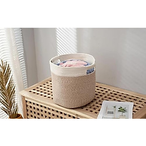 SOQKEEN Woven Cube Storage Basket 2 PCS Bathroom Cotton Rope Storage Organizer Bins with Handles Baby Kids Versatile Hamper for Shelves Laundry Nursery(Light Brown)