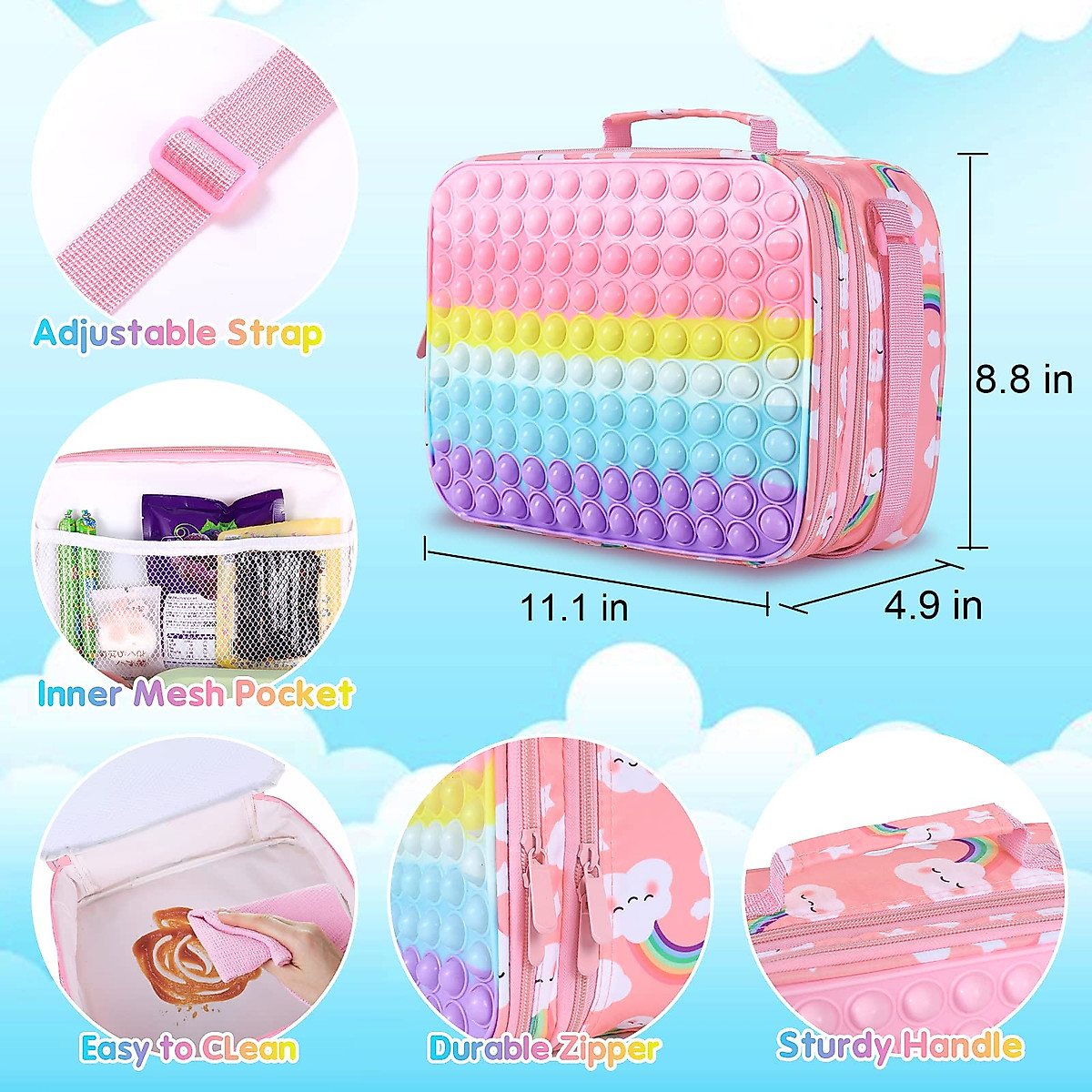 Pop Lunch Box for Girls Kids School Lunch Bag,Back to School Supplies Pop Insulated Lunch Bag Box Tote for Kids School Travel Gifts,School Supplies Office Leakproof Cooler Bag Reusable Lunch Box Girls