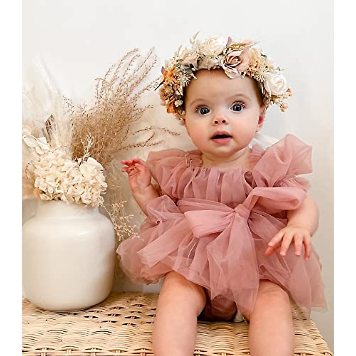 VISGOGO Summer Newborn Baby Girls Rompers Dress Flower Embroidery Mesh Short Sleeve Jumpsuits Headband Casual Outfits (Pink-mesh, 12-18 Months)