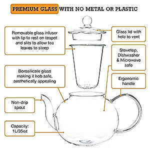 Kitchen Kite Clear Glass Teapot with Removable Glass Infuser and Lid - Glass Tea Kettle with Blooming, Loose Leaf Tea, Stovetop, Microwave & Dishwasher Safe, Tea Maker Gift Set (Holds 4-6 cups)