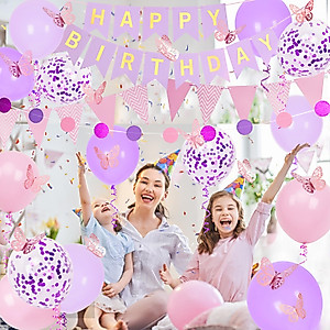 Purple and Pink Birthday Decorations, Purple Happy Birthday Banner for Girl Women with Balloons, Pennant Banner Flags, Butterfly Decorations and Circle Dot Paper Garland