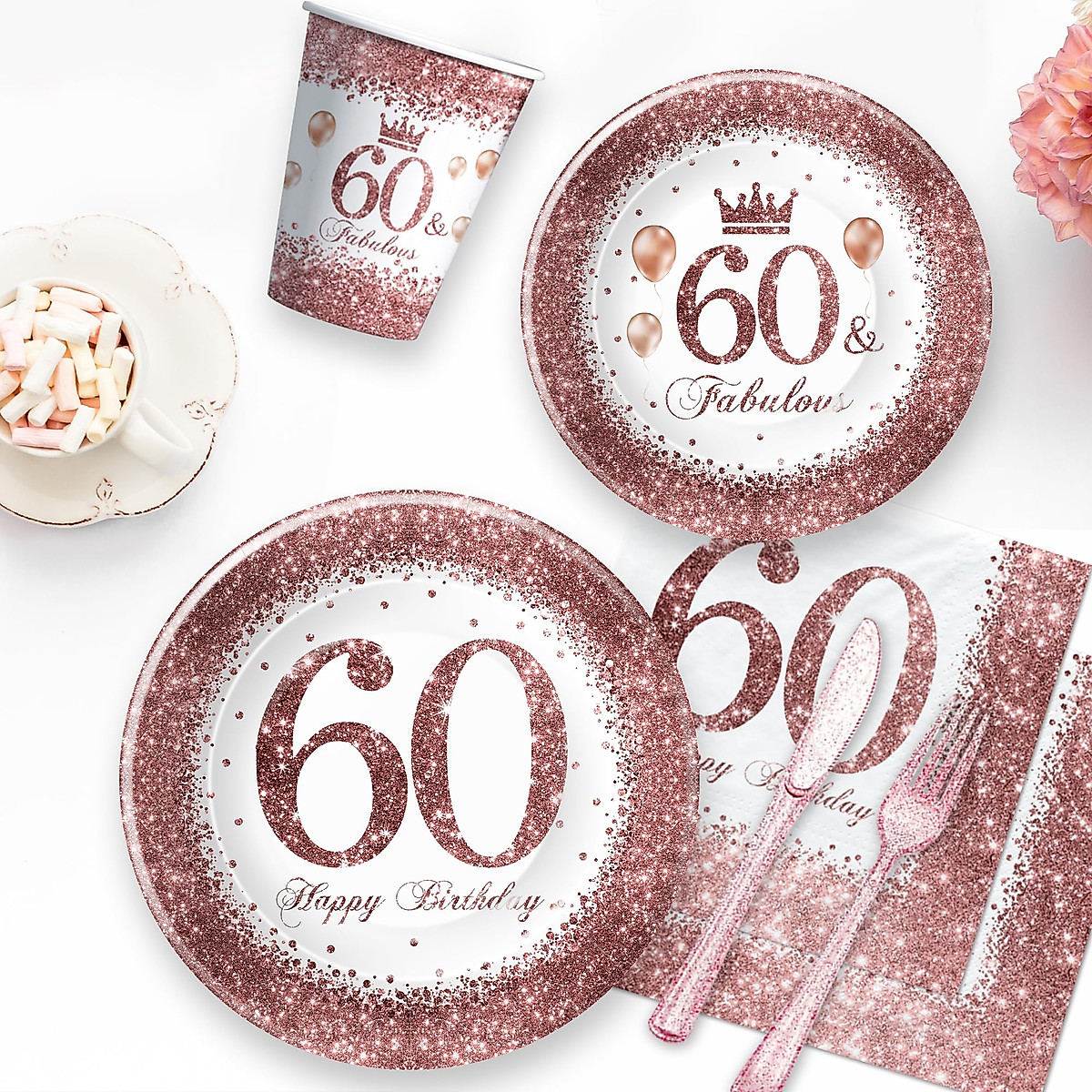 Xigejob 60th Birthday Decorations Women Tableware, Rose Gold 60 And Fabulous Decorations Dinnerware, Plate, Cup, Napkin, Tablecloth, Cutlery, Happy Sixty 60-Year-Old Birthday Party Supplies, Serve 24