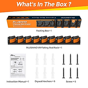 PLUSINNO V9 Vertical Fishing Rod Holders, Wall Mounted Fishing Pole Holders, Fishing Rod Rack Holds Up to 9 Rods or Combos, Fishing Rod Holders for Garage, Fits Most Rods of Diameter 3-19mm