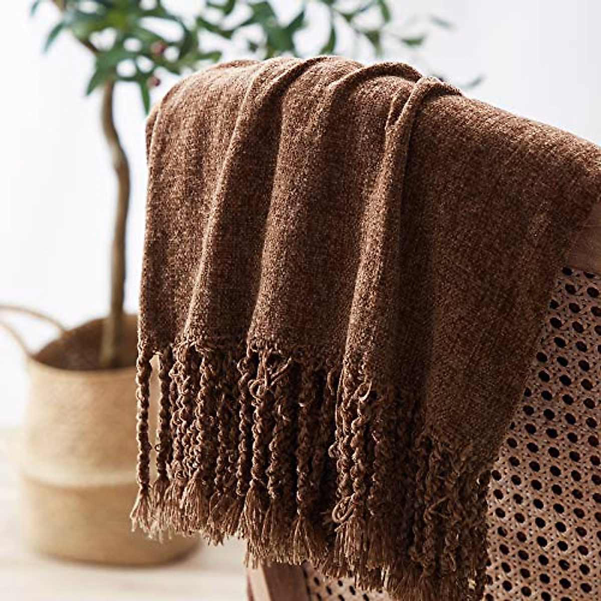 BOURINA Chenille Throw Blanket with Decorative Fringe for Couch Sofa Chair Blanket (50x60 Inches) Brown