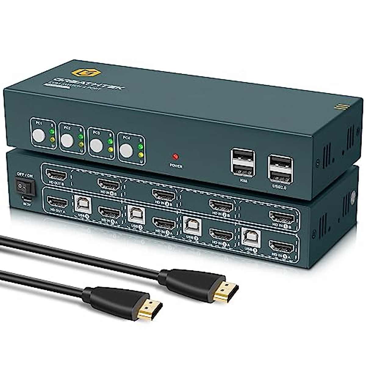 GREATHTEK KVM Switch HDMI Dual Monitor Extended Display 4 Port,USB2.0, Hotkey Switch, UHD 4K@60Hz Resolution YUV4:4:4 Downward Compatible, 4 in 2 Out, with All Needed Cables