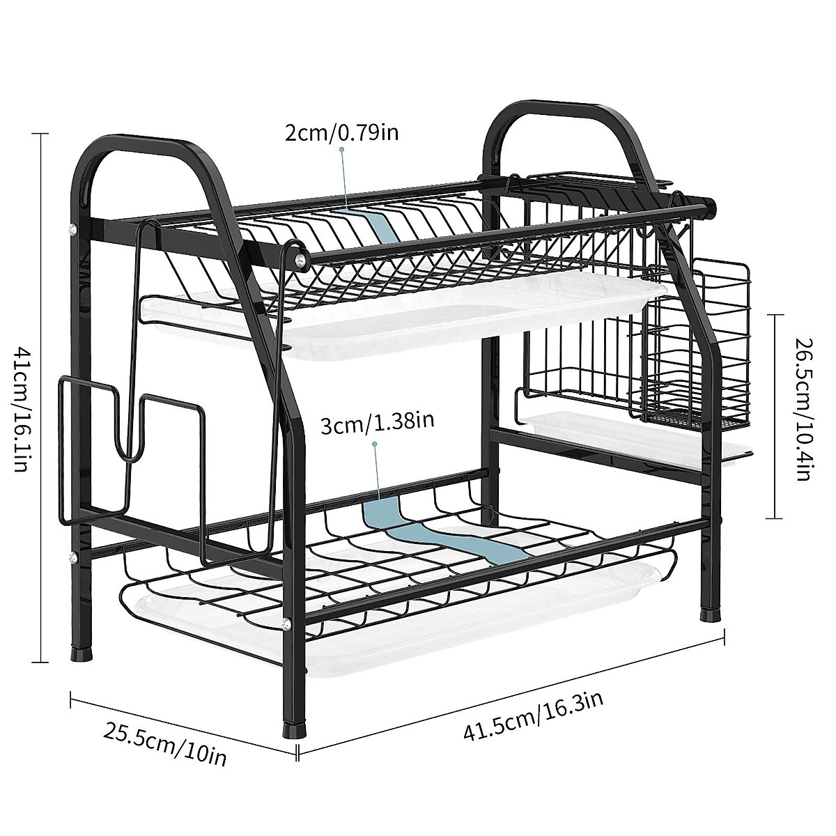 alvorog 2-Tier Dish Drying Rack with Utensil Holder and Cutting Board Holder, Stainless Steel Dish Rack with Removable Drain Boards Large Capacity Dish Drainer Kitchen Organizer for Countertop (Black)