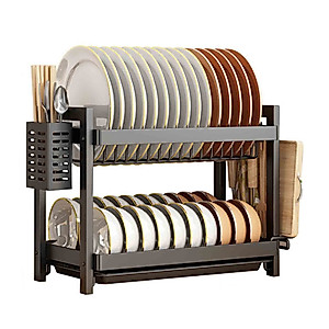 Kitchen Counter Dish Drainer Rack, with Utensil & Cutting Board Holder & Drip Tray, Multi-Function Large Capacity Dish Drain Rack,Black,2 Tier