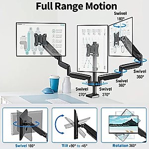 MOUNTUP Triple Monitor Mount, 3 Monitor Stand Desk Arm for Max 32 Inch Computer Screens, Max Extension 64.5" Gas Spring Triple Monitor Holder Support 2.2-17.6lbs, VESA Bracket with Clamp/Grommet Base