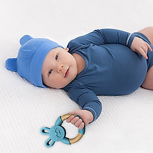 LittleFoot Nation Organic & Natural Bunny Rabbit Baby Teether Ring, 100% BPA Free Pure Food Grade Silicone & Beech Wood, Teething Pain Relief Toy for Toddlers & Infants (Blue)