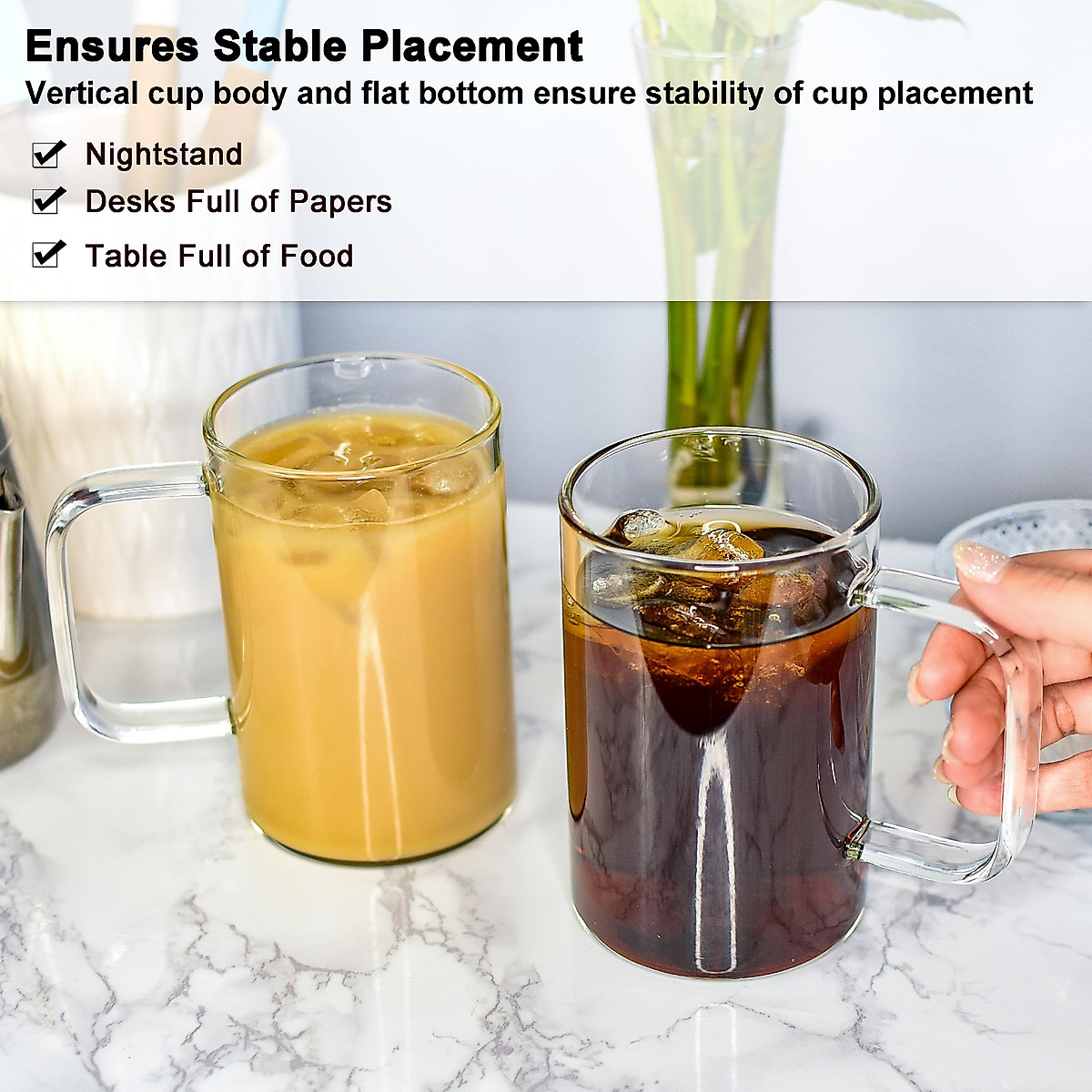 Aquach Clear Glass Coffee Mugs 18 Oz. Set of 4, Clear Glass Cups with Hande for Tea Beverage