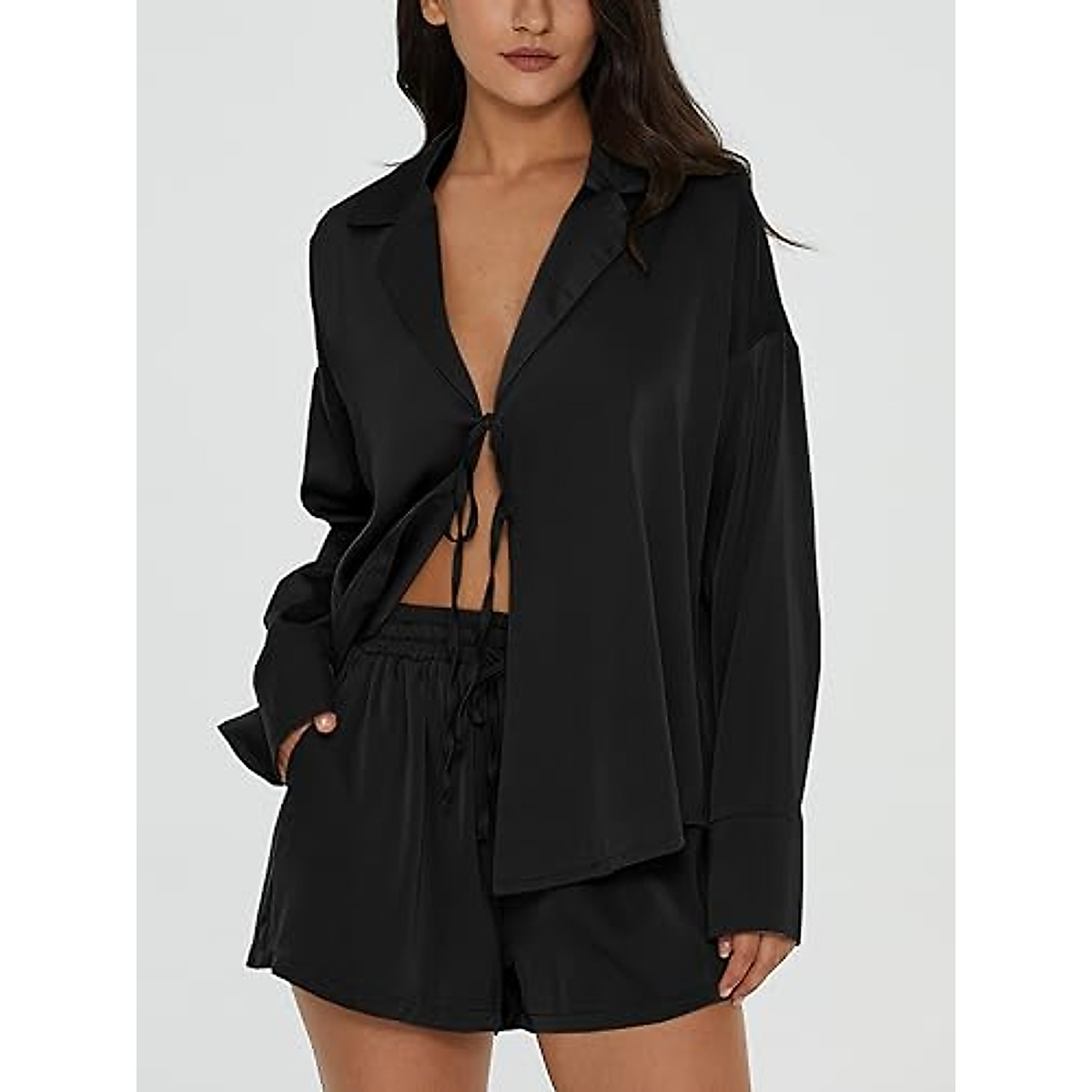 DEEP SELF Women's Silk Pajama Sets Tie Front Long Sleeve Shirts and Shorts Satin Pj Set Soft Two Piece Sleepwear with Pockets (Black, Medium)