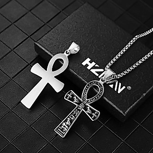 HZMAN Stainless Steel Large Ankh Cross Pendant Ancient Egyptian Hieroglyphic Symbol 22+2 Inch Chain (Silver-Small)
