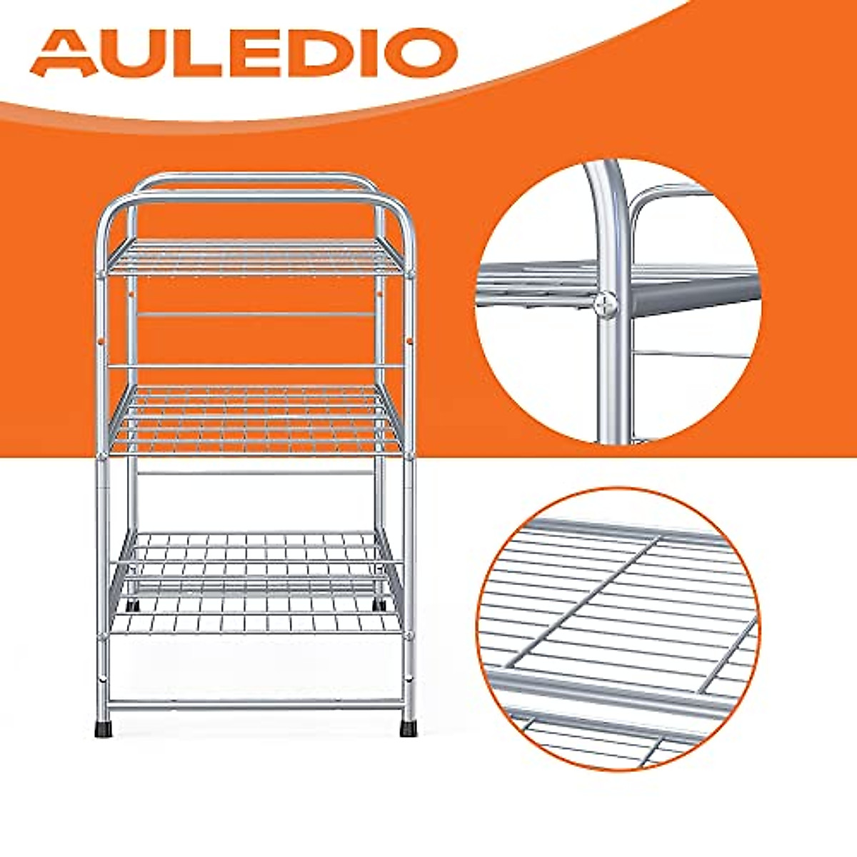 AULEDIO Shoe Rack, Stackable and Adjustable Multi-Function Wire Grid Shoe Organizer Storage, Extra Large Capacity, Space Saving, Fits Boots, High Heels, Slippers and More (3-Tier, Silver)