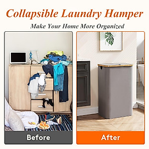 YCJYZLF Large Laundry Hamper with Lid and Bamboo Handles,Tall Collapsible Laundry Basket with Lid and Removable Laundry Bag,Foldable Clothes Hampers for Laundry,Bedroom,Dorm,Towels,Toys (100L,Grey)