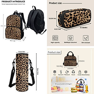 Jndtueit Leopard Spots Girls Boys Lightweight Backpack with Lunch Box, Cheetah Skin Kids BookBag 4 Set Rucksack, Brown Black Water Bottle Holder Pencil Bag for Teens