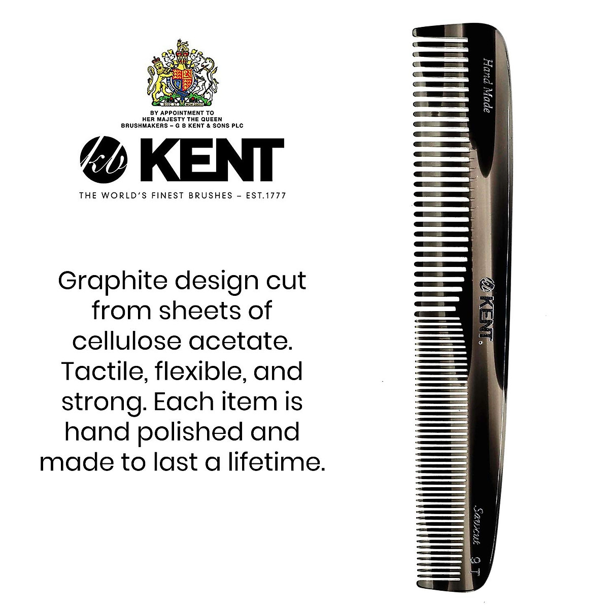 Kent 9T Graphite Fine Tooth and Wide Tooth Comb Detangler Hair Combs - Large Handmade and Saw-Cut Dressing Comb - Wet Hair Comb for Women and Durable Grooming Comb for Men Made in England